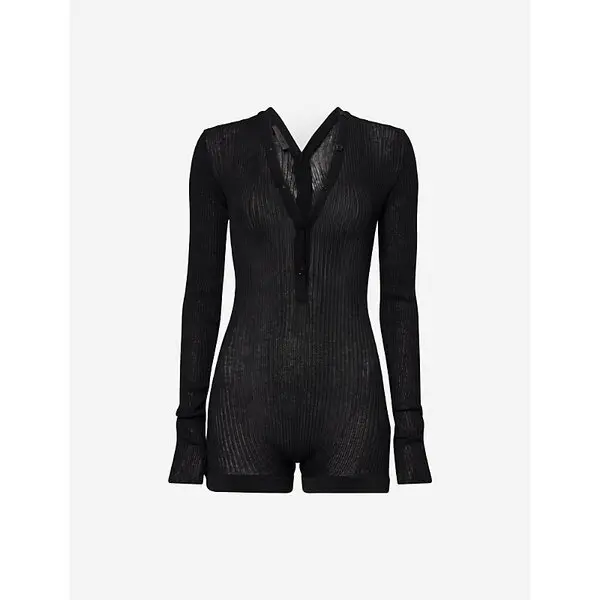 MUGLER Long-sleeve V-neck Knitted Cotton Bodysuit - Black