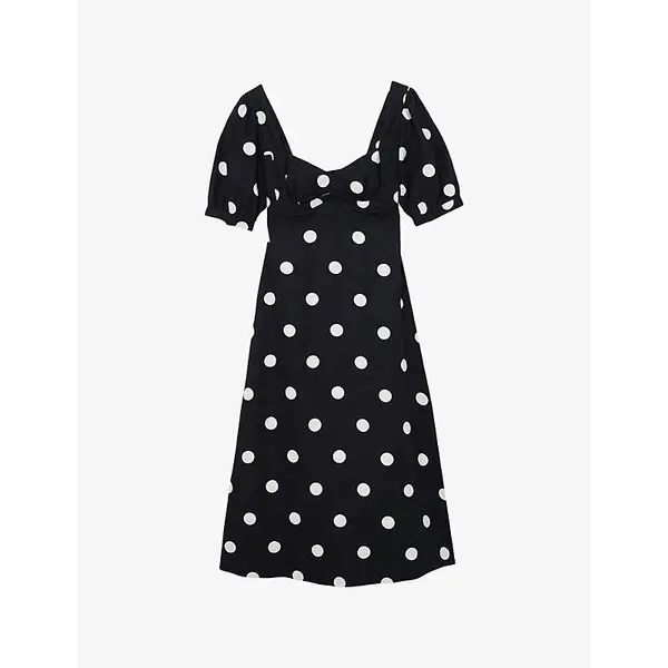 REISS Astrid Puff-sleeve Polka-dot Linen Midi Dress - Navy Ivory