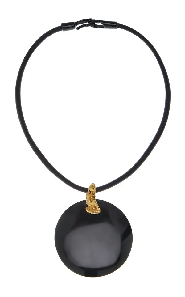LISA EISNER 22k Yellow Gold Round Jade & Gold Nugget Pendant Necklace - Black