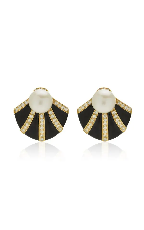FOR FUTURE REFERENCE VINTAGE 1980's Yellow Gold, Pearl, Enamel And Diamond Earrings - Black