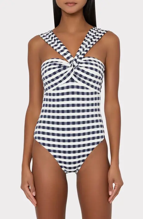 MILLY Betsy Cottage Jacquard Convertible One-piece Swimsuit - Navy/white