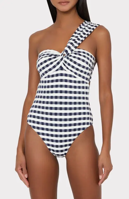 MILLY Betsy Cottage Jacquard Convertible One-piece Swimsuit - Navy/white