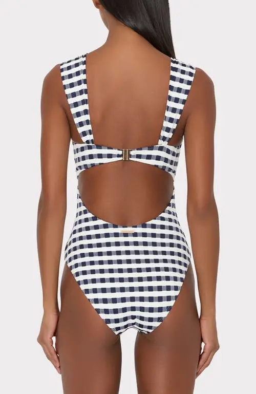 MILLY Betsy Cottage Jacquard Convertible One-piece Swimsuit - Navy/white