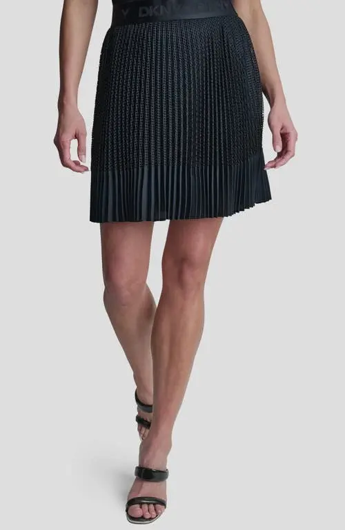 Dkny Logo Band Mixed Media Pleated Miniskirt - Navy