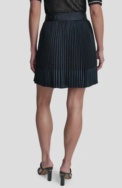 Dkny Logo Band Mixed Media Pleated Miniskirt - Navy