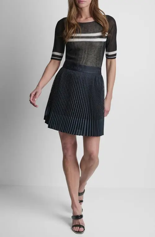 Dkny Logo Band Mixed Media Pleated Miniskirt - Navy