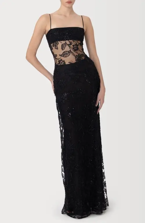 SAU LEE Adelaide Beaded Sheer Detail Gown - Black