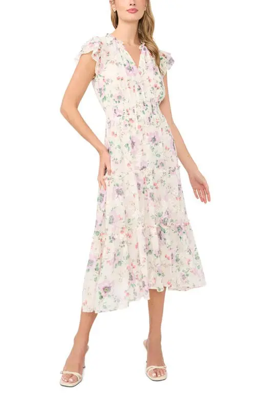 CECE DUPRAZ Floral Flutter Sleeve Midi Dress