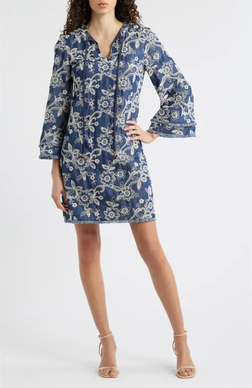 Eliza J Floral Embroidered Split Neck Shift Dress