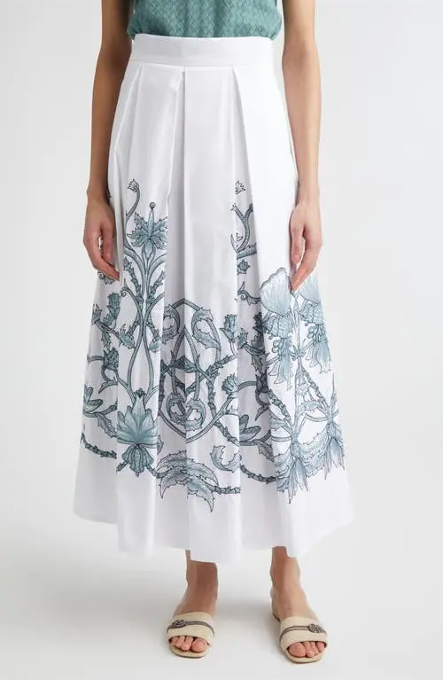 Eleventy Floral Embroidered Cotton Midi Skirt - 01-175 White/jade