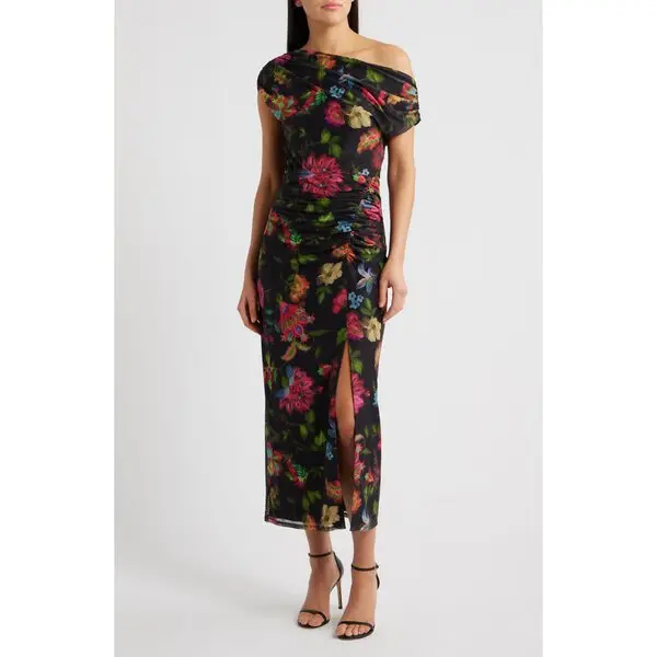 Vince Camuto Floral One-shoulder Mesh Maxi Dress - Black