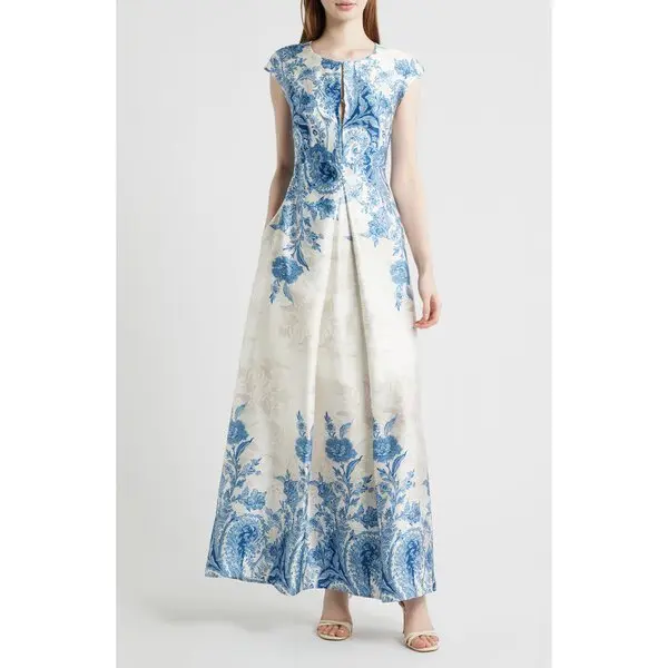 Vince Camuto Paisley Floral Satin Maxi Dress - Blue Multi
