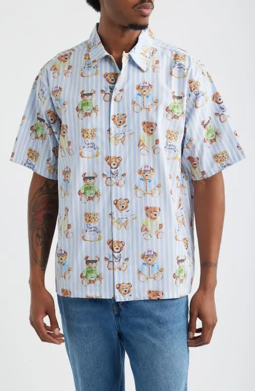 MARKET Stripe Teddy Graphic Button-up Shirt - Blue Multi