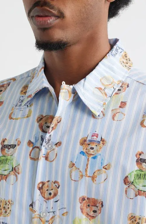 MARKET Stripe Teddy Graphic Button-up Shirt - Blue Multi