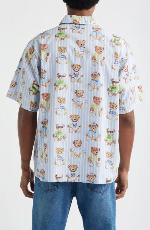 MARKET Stripe Teddy Graphic Button-up Shirt - Blue Multi