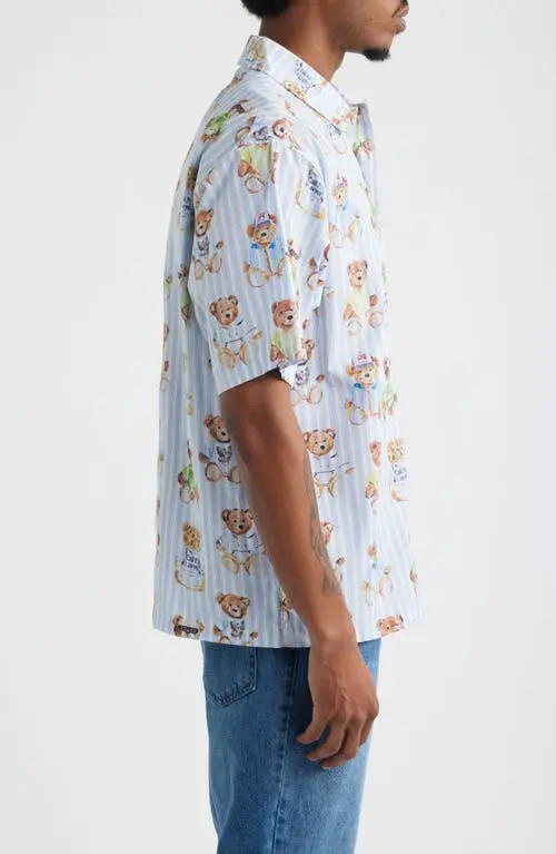 MARKET Stripe Teddy Graphic Button-up Shirt - Blue Multi