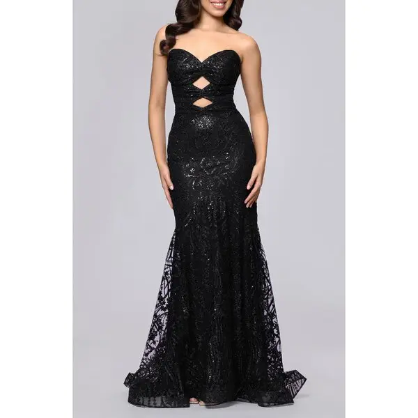 BLONDIE NITES Strapless Glitter Cutout Gown - Black