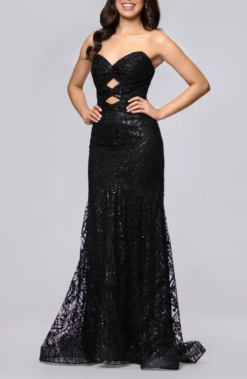 BLONDIE NITES Strapless Glitter Cutout Mermaid Gown