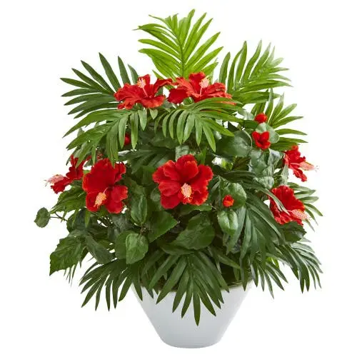 NEARLY NATURAL Hibiscus And Areca Palm Artificial Plant In White Bowl - Red