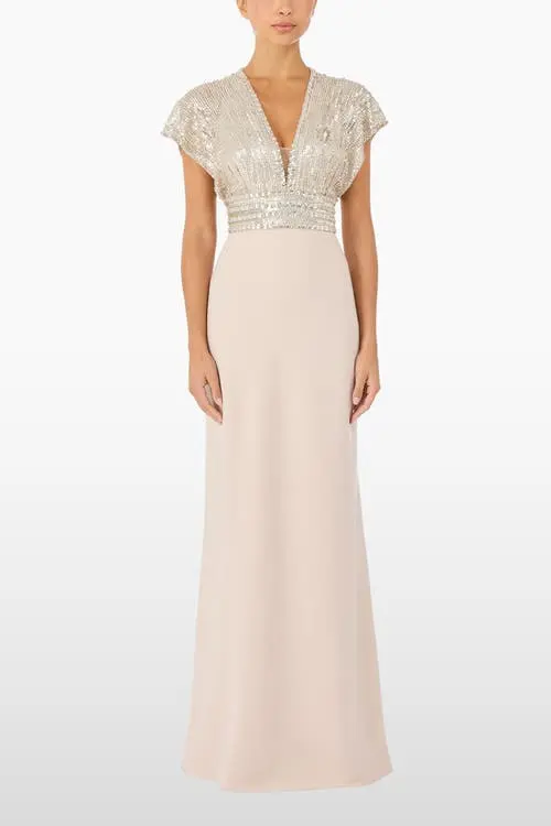 Jenny Packham Sequin V-neck Maxi Dress - Moonstone