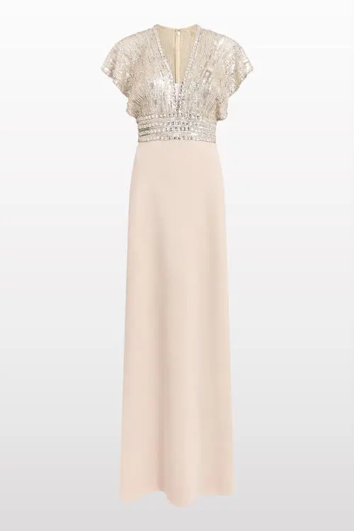 Jenny Packham Sequin V-neck Maxi Dress - Moonstone