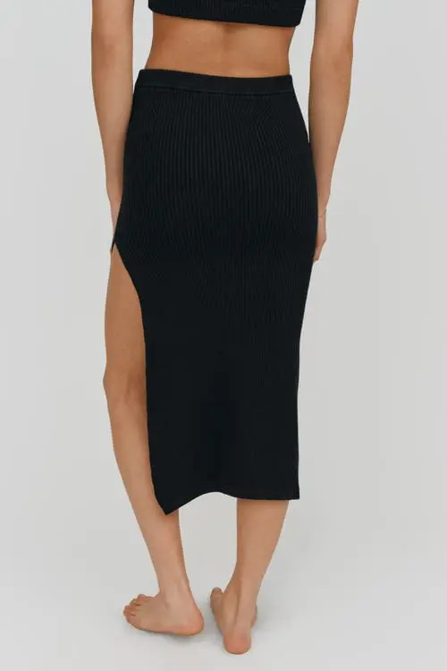 KATHRYN MCCARRON Ribbed Cashmere-blend Midi Skirt With Slit - Black