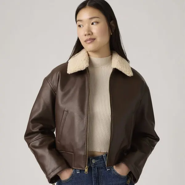 LEVI'S Faux Leather Bomber Jacket With Sherpa Collar