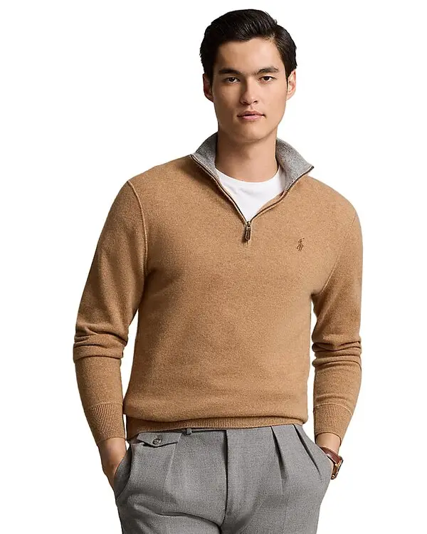 Polo Ralph Lauren Cashmere Regular Fit Quarter Zip Mock Neck Sweater Exclusive - Brown Heather