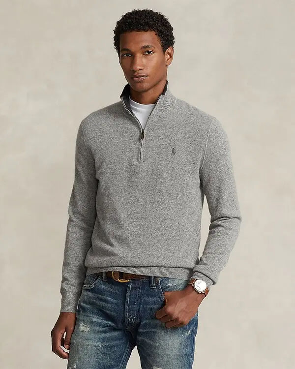 Polo Ralph Lauren Cashmere Regular Fit Quarter Zip Mock Neck Sweater Exclusive - Fawn Grey Heather
