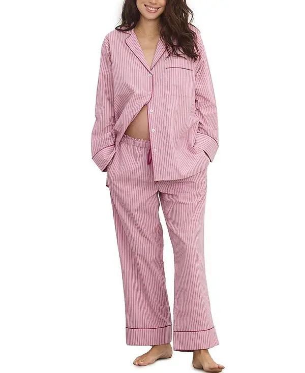 Hatch Collection The Striped Cotton Classic Pajama Maternity Set - Raspberry Stripe