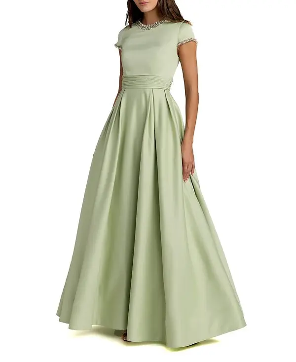 Mac Duggal Embellished Satin Ball Gown With Cap Sleeves - Sage