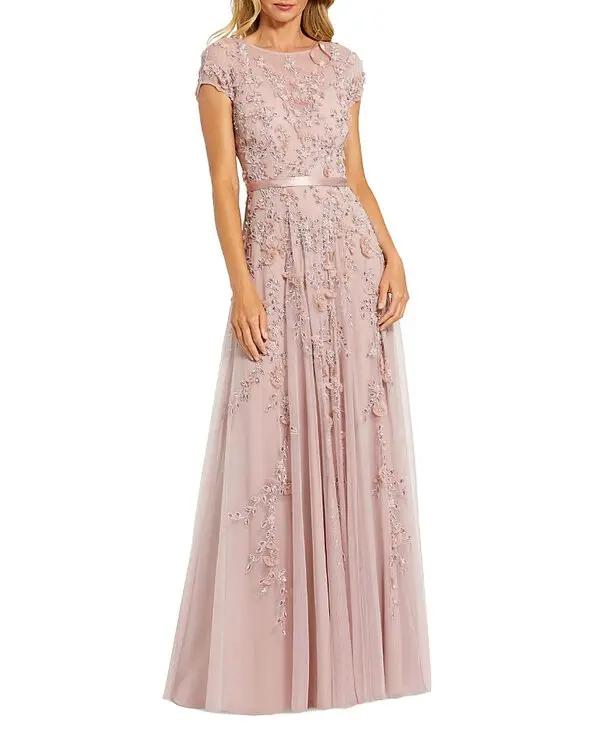 Mac Duggal Floral Embellished Cap Sleeve Gown - Mocha