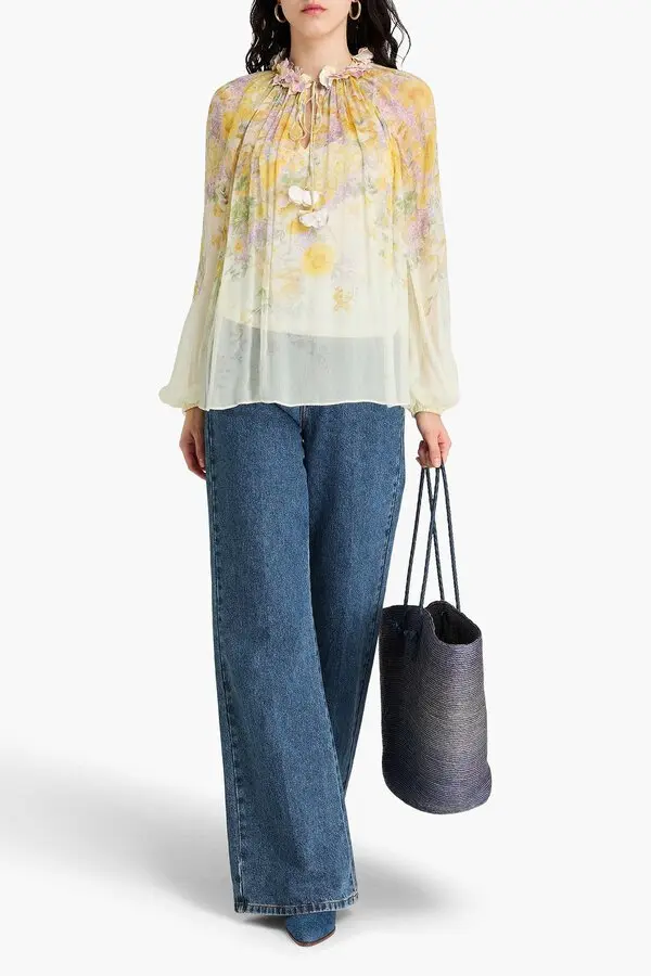 Zimmermann Gathered Floral-print Crepon Blouse