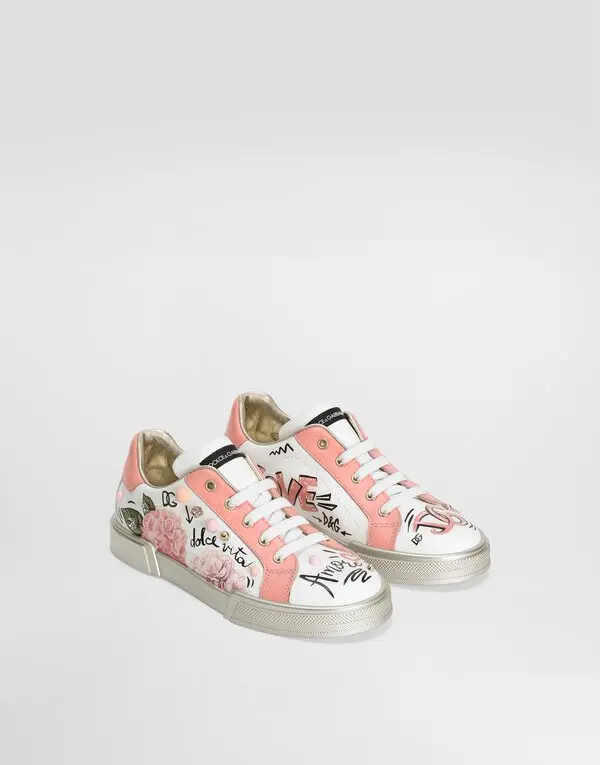 Dolce & Gabbana Portofino Light Calfskin Sneakers With Embroidery - Multicolor