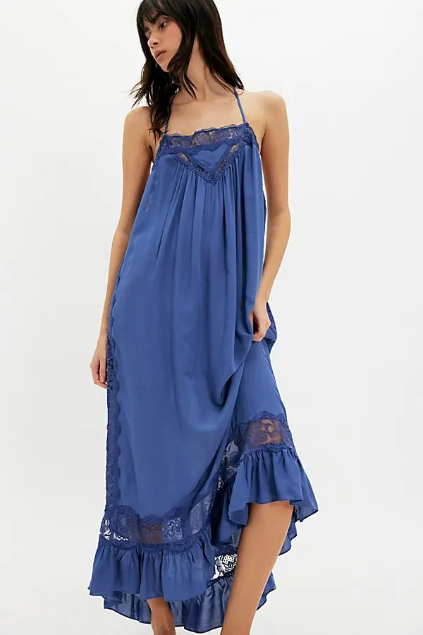 Free People Intimately Kiss Me Later Maxi Slip - Denim Wash
