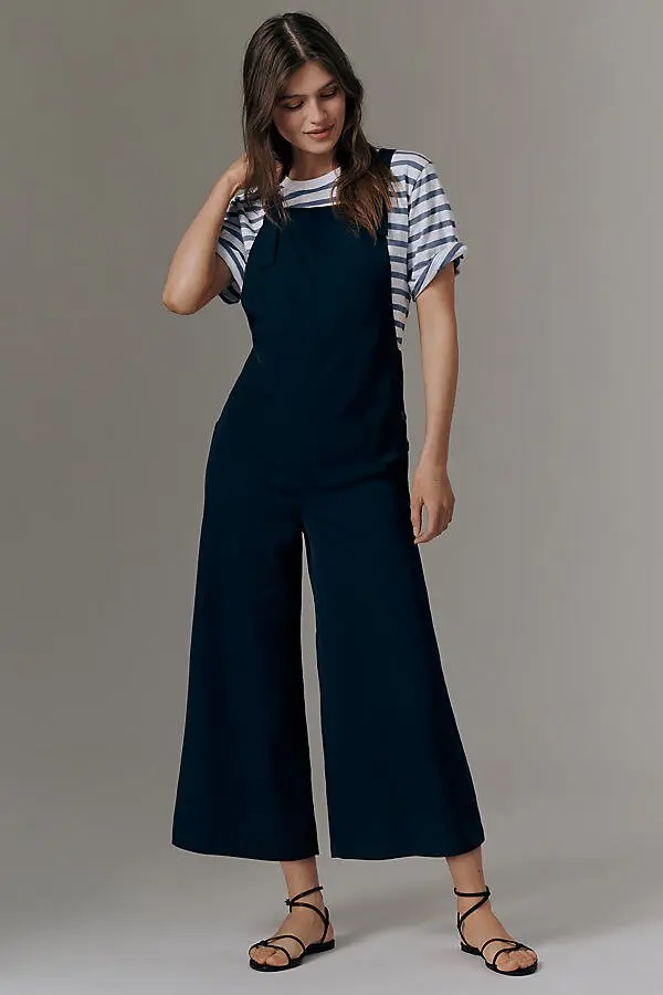 Maeve Tailored Pinafore Wide Leg Jumpsuit - Navy