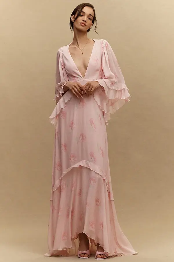 LoveShackFancy Brinley Ruffle-sleeve Gown - Pink Floral