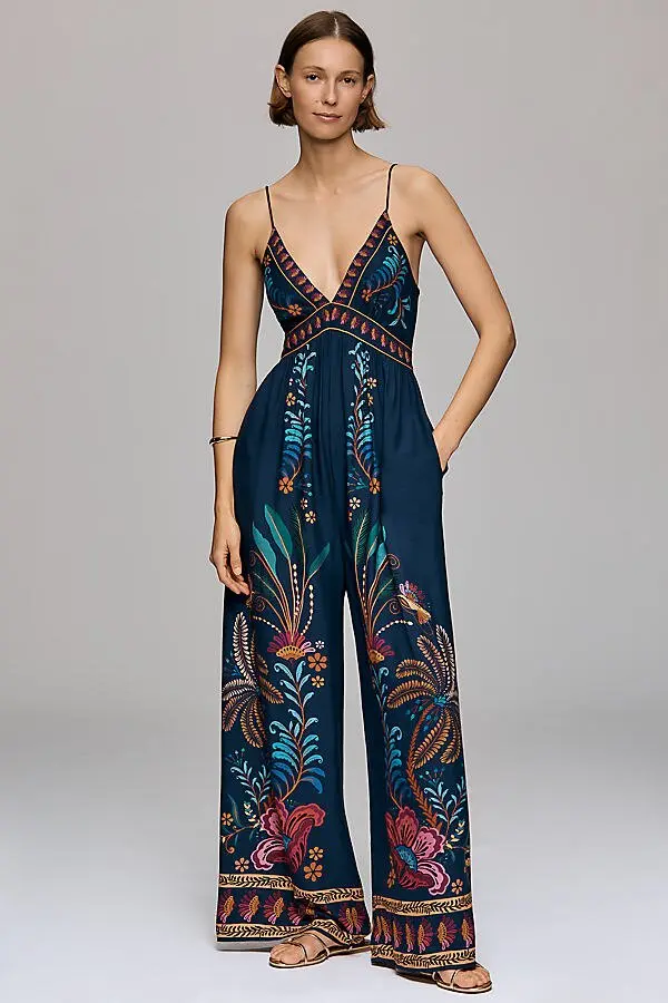FARM X ANTHROPOLOGIE Farm Rio X V Neck Wide Leg Jumpsuit - Blue Pattern