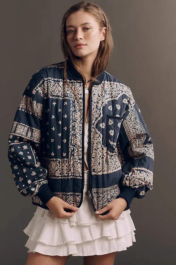 The Great. Quilted Bomber Jacket - Navy Bandana Print