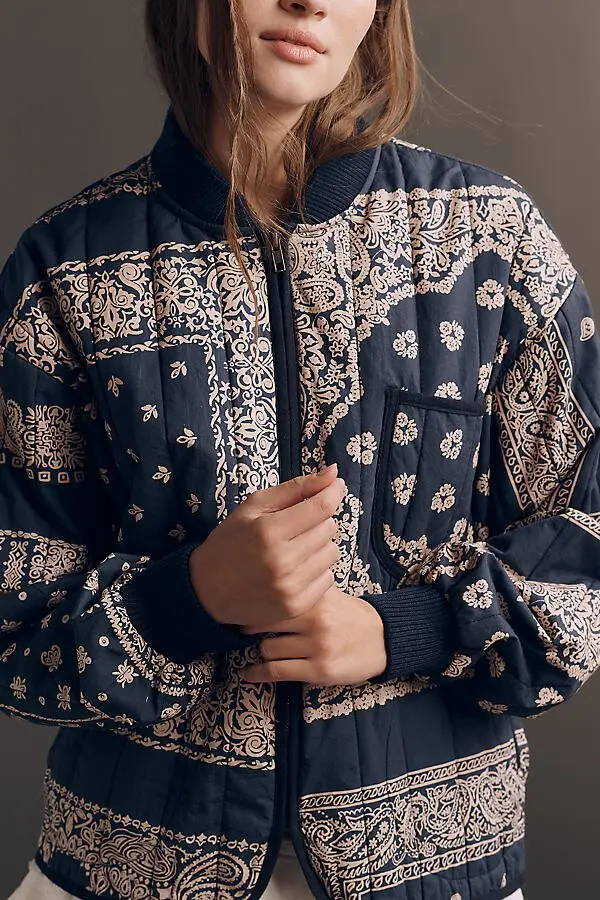 The Great. Quilted Bomber Jacket - Navy Bandana Print