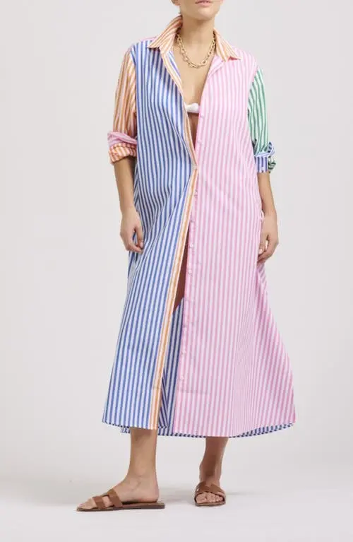 SHIRTY Mixed Stripe Long Sleeve Shirtdress - Bright Combo