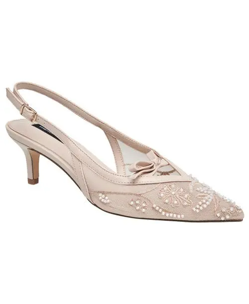 French Connection Quinny Embroidered Bead Slingback Heels - Nude