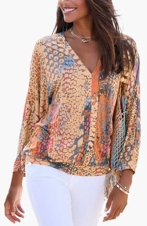 LASCANA Printed Long Sleeve Top - Orange Multi