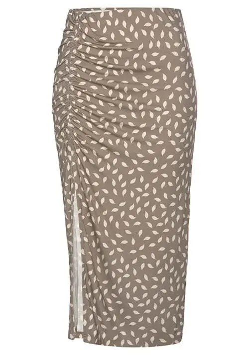 LASCANA Midi Ruched Slit Skirt - Taupe Patterned