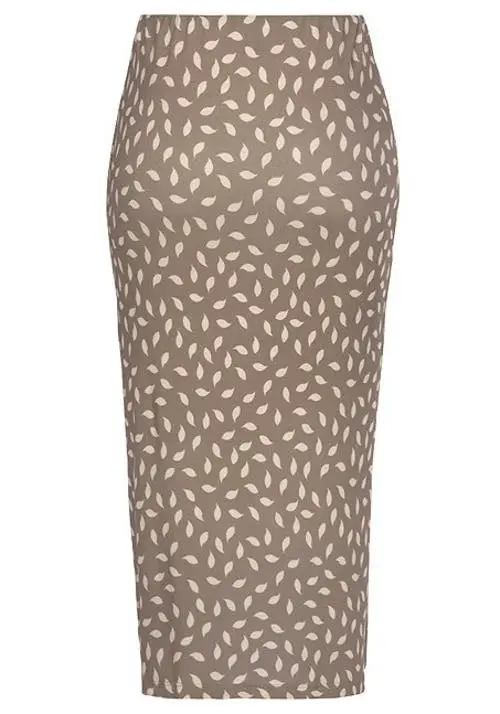 LASCANA Midi Ruched Slit Skirt - Taupe Patterned