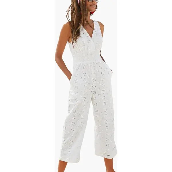 LASCANA Sleeveless Eyelet Jumpsuit - White