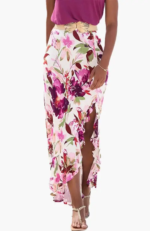 LASCANA Ruffled Maxi Skirt With Slit Detail - White Printed