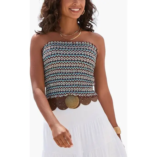 LASCANA Smocked Bandeau Top - Blue Multi