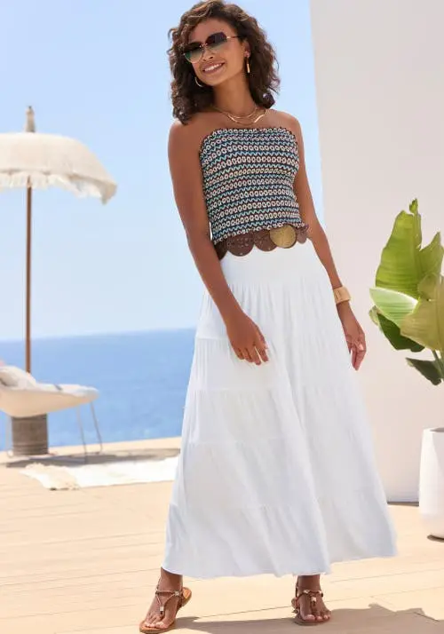LASCANA Smocked Strapless Printed Cropped Top - Blue Multi