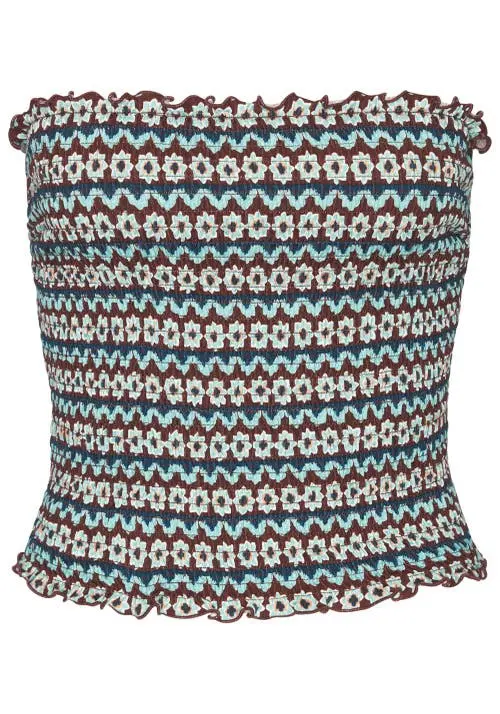LASCANA Smocked Strapless Printed Cropped Top - Blue Multi